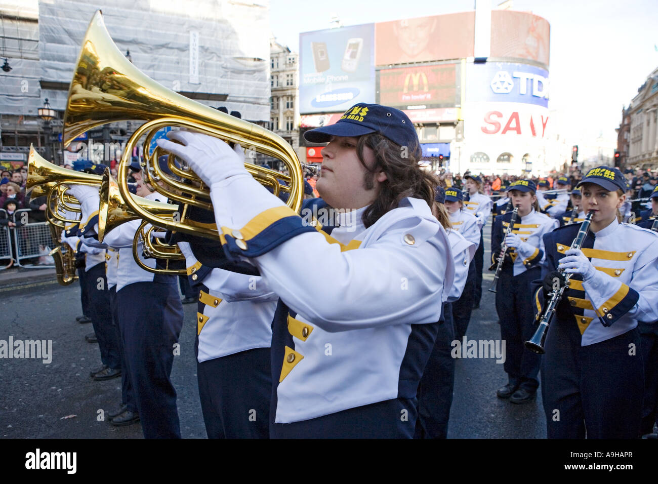 An American High School Marching Band performing at the London New Year ...
