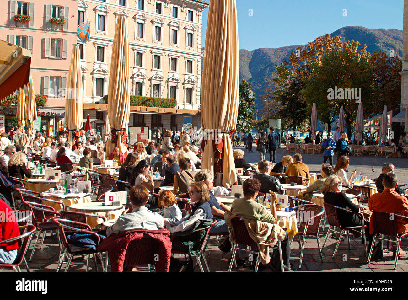 Switzerland Tessin Lugano Piazza della Riforma Cafes Stock Photo - Alamy