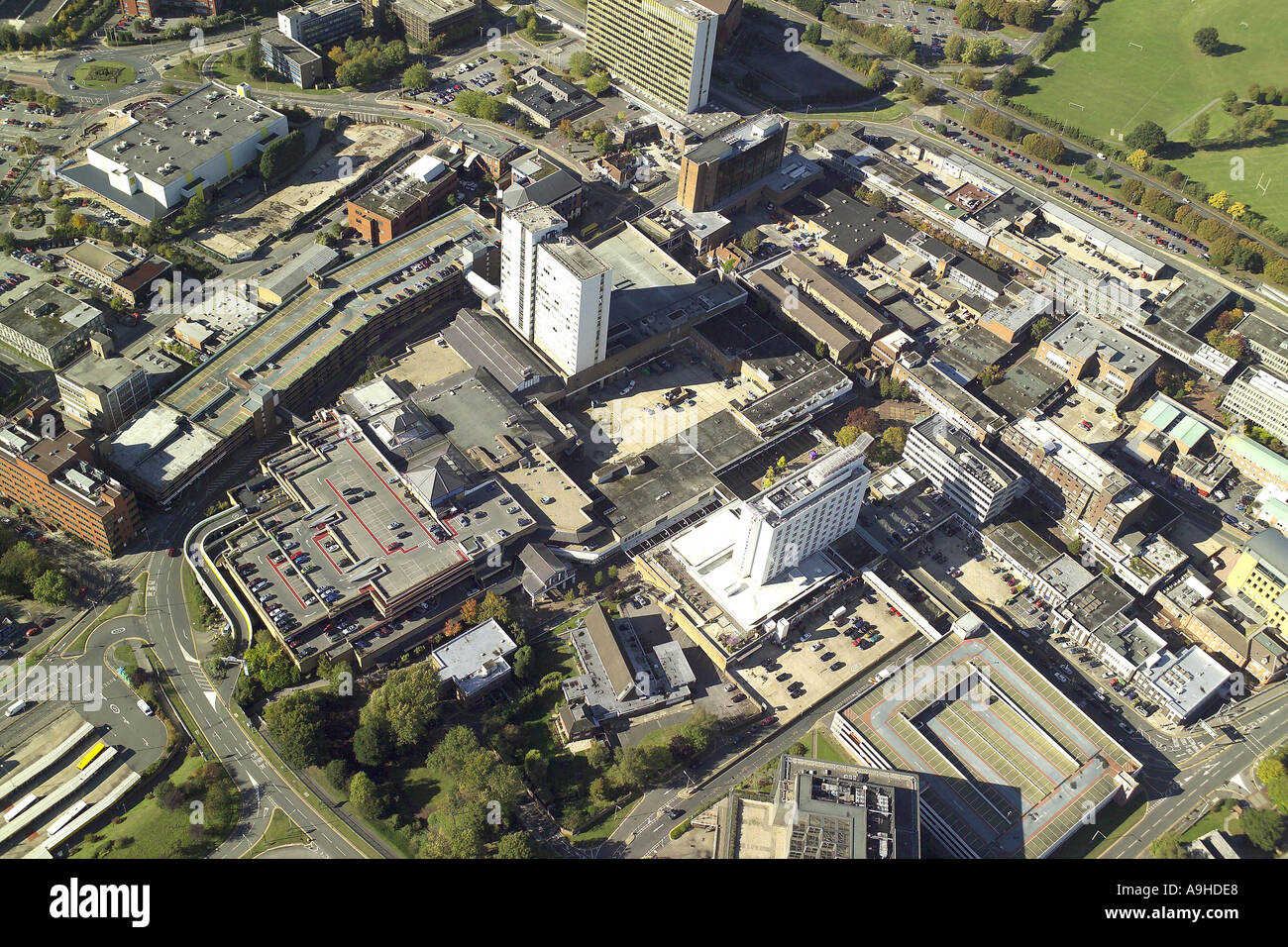 Aerial view of Bracknell Town Centre showing the shopping centre, car ...