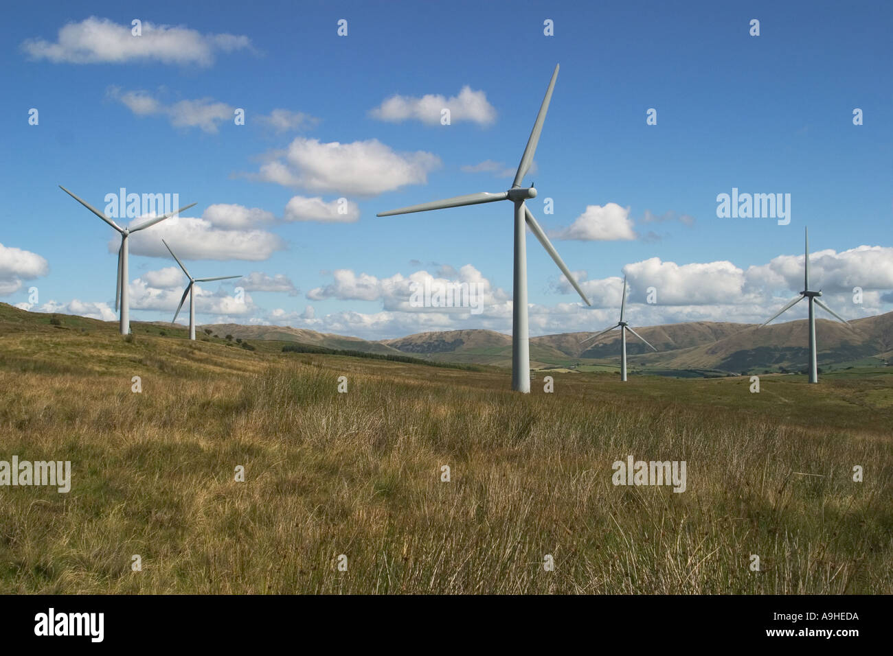Wind power turbines producing electricity for part of Cumbria UK at ...