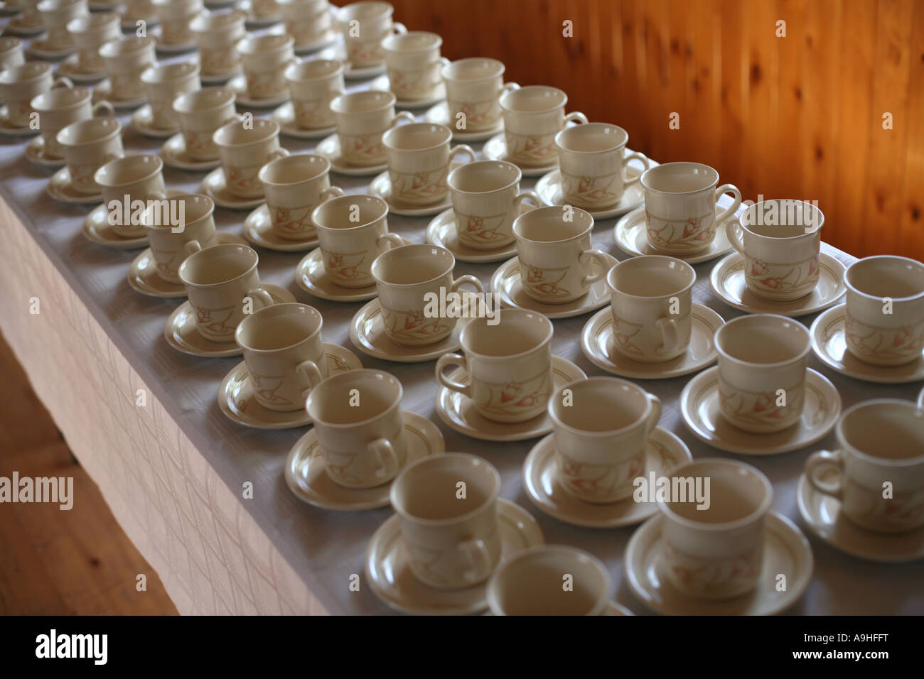 rows of tea cups on a table Stock Photo - Alamy