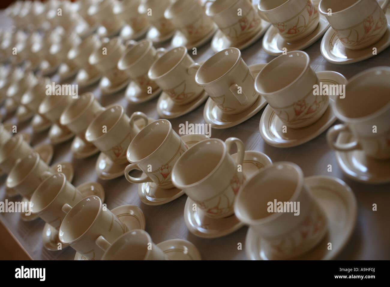 rows of tea cups on a table Stock Photo - Alamy