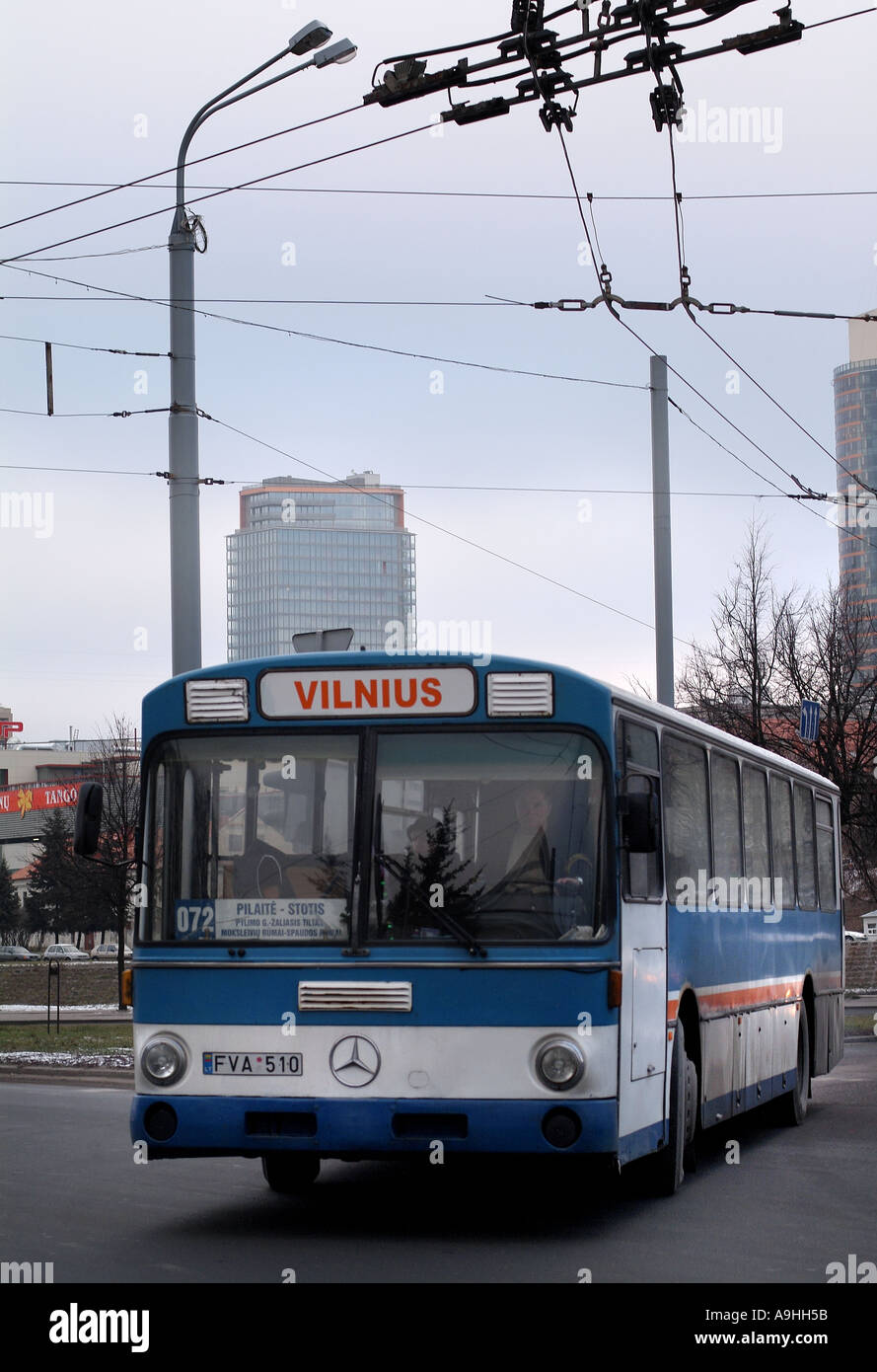 Lithuania Vilnius bus a bus turns corner with sign for Vilnius on front ...