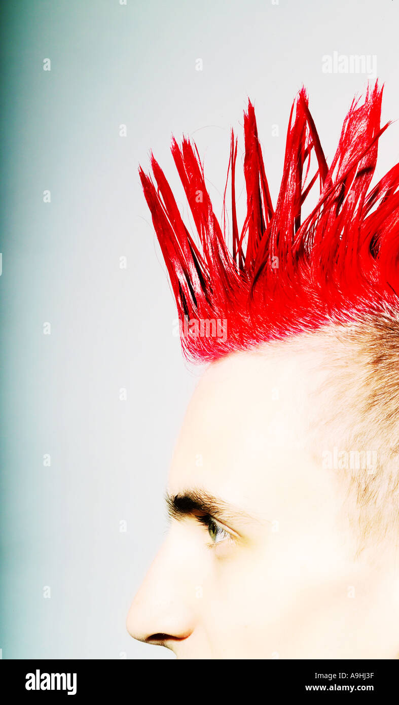 Side view of a young man with a red Mohican hairstyle and shaved sides ...
