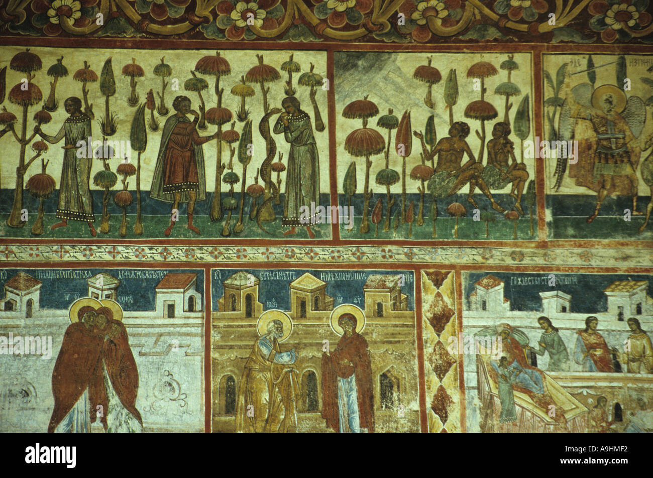 Temptation of Adam mural at Voronet Monastery in Moldavia, northern ...