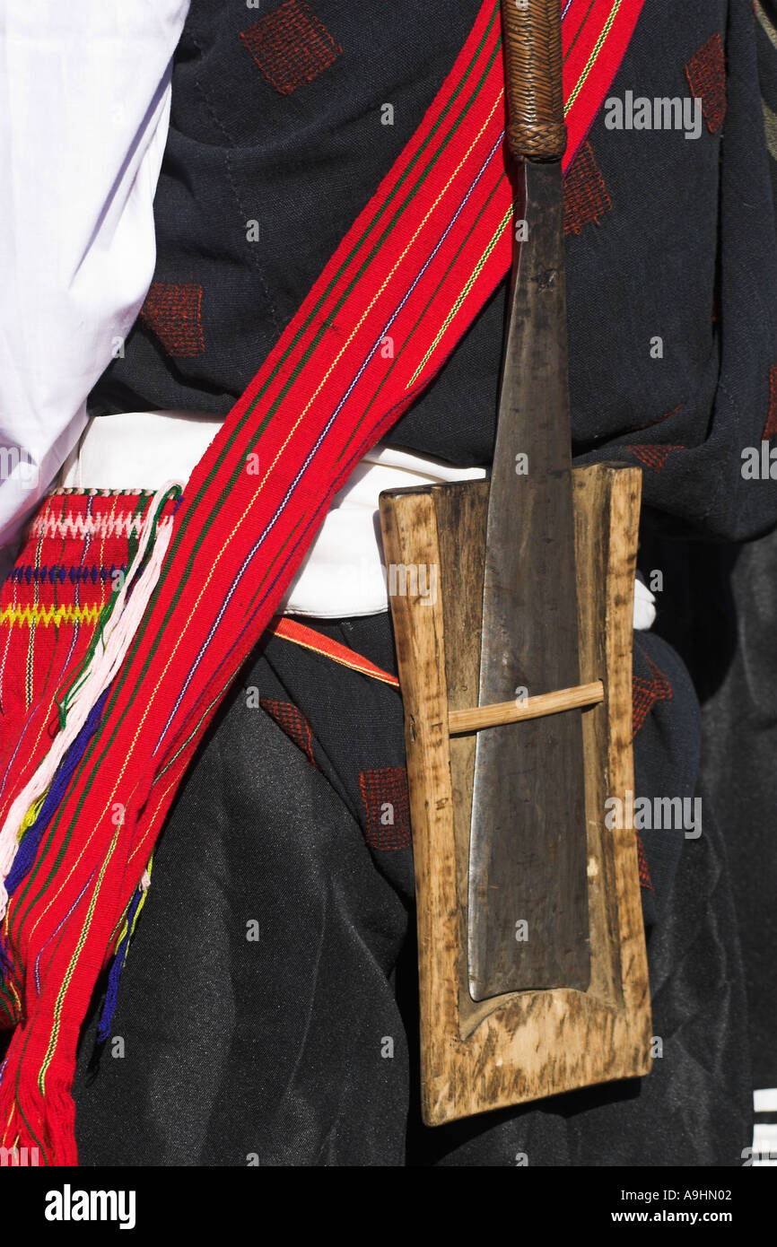 MYANMAR Sagaing Division Lahe village Naga man wearing belt with dao ...