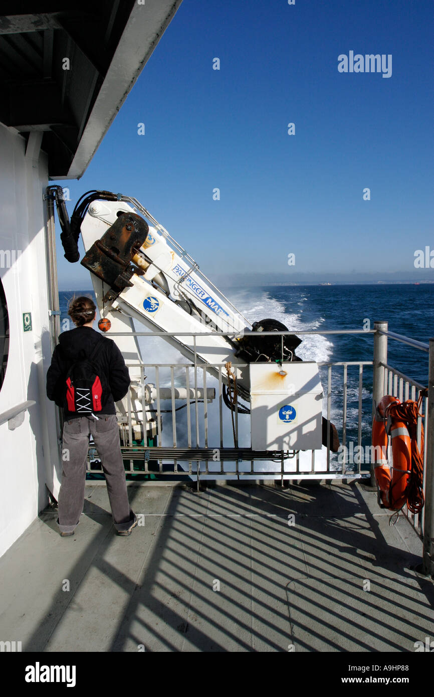 Rear of cross channel catamaran at sea looking back towards Dover ...