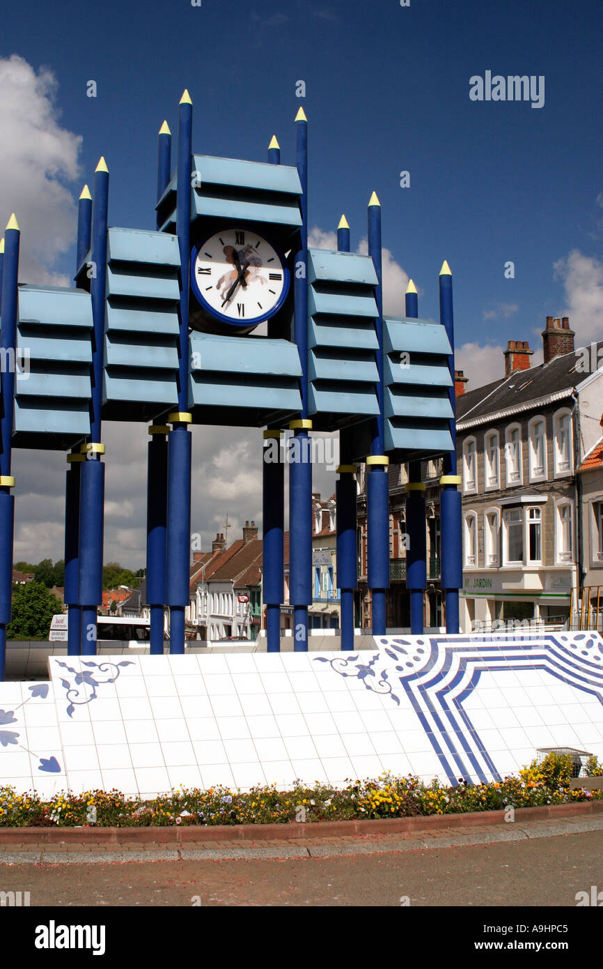 Clock in main square Desvres Pas de Calais Stock Photo - Alamy