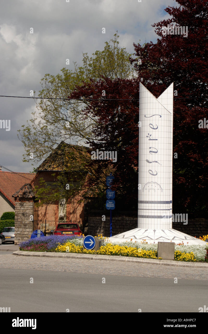 Ceramic tiled sign on roundabout at entrance to town of Desvres Pas de ...