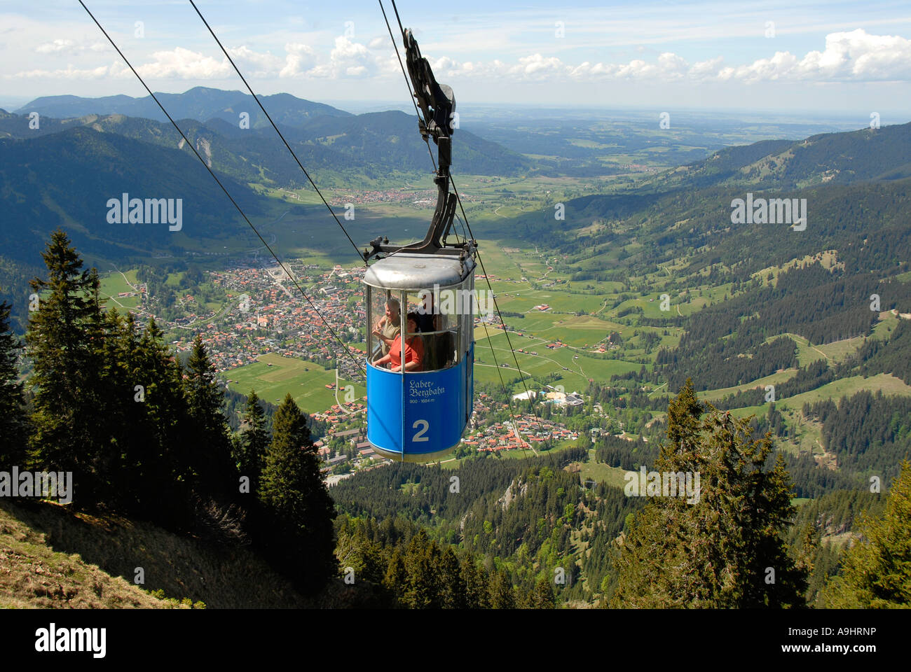 Gondola of Laberbergbahn wit a view of Oberammergau Bavaria Germany ...
