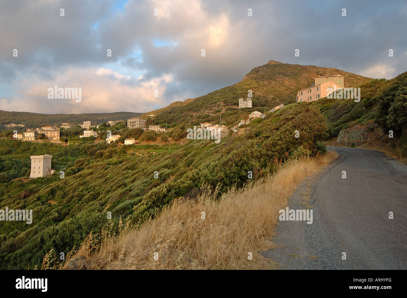 Rural road, watchtower, village and typical macchia vegetation at Cape ...