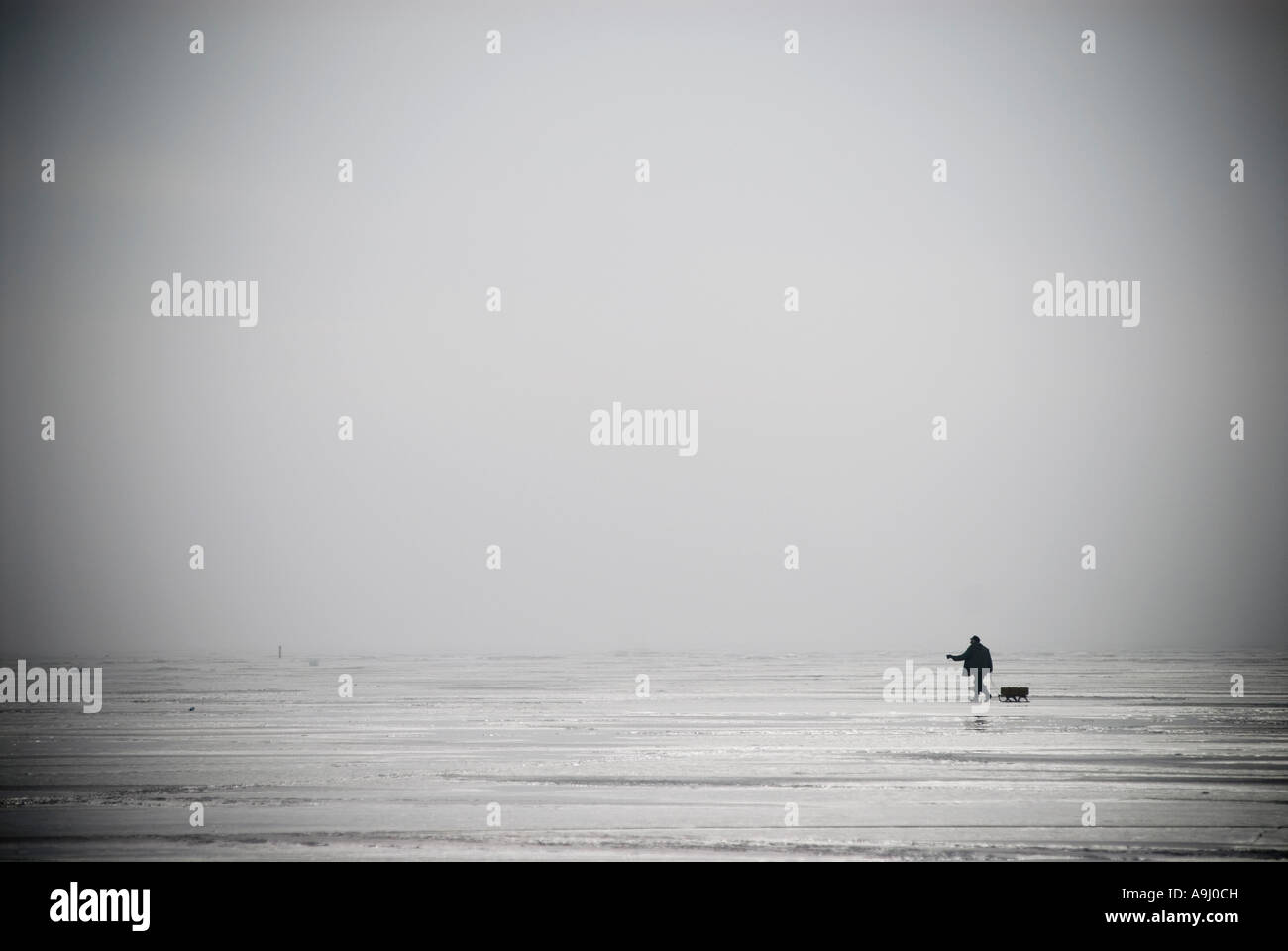 single Ice fisherman walking across a frozen sea ice of Curonian Lagoon ...