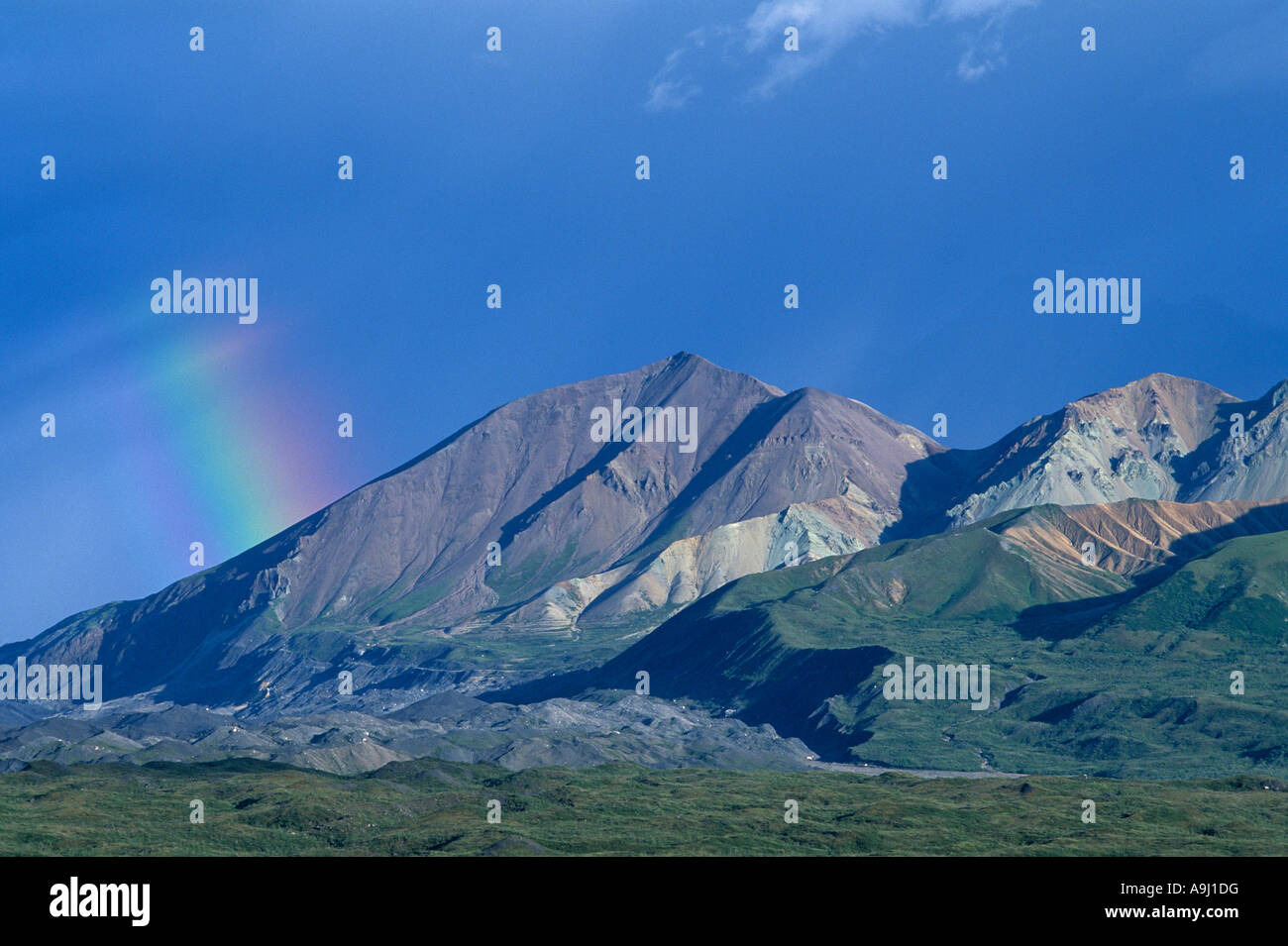 USA Alaska Denali National Park Rainbow over Alaska Range foothills ...