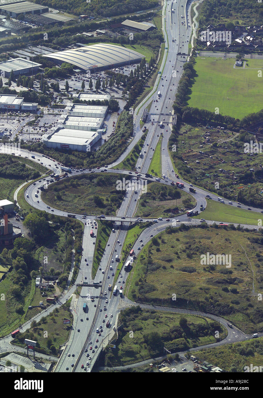 Aerial view of traffic on roundabout A13 and A406 near Barking in Essex ...