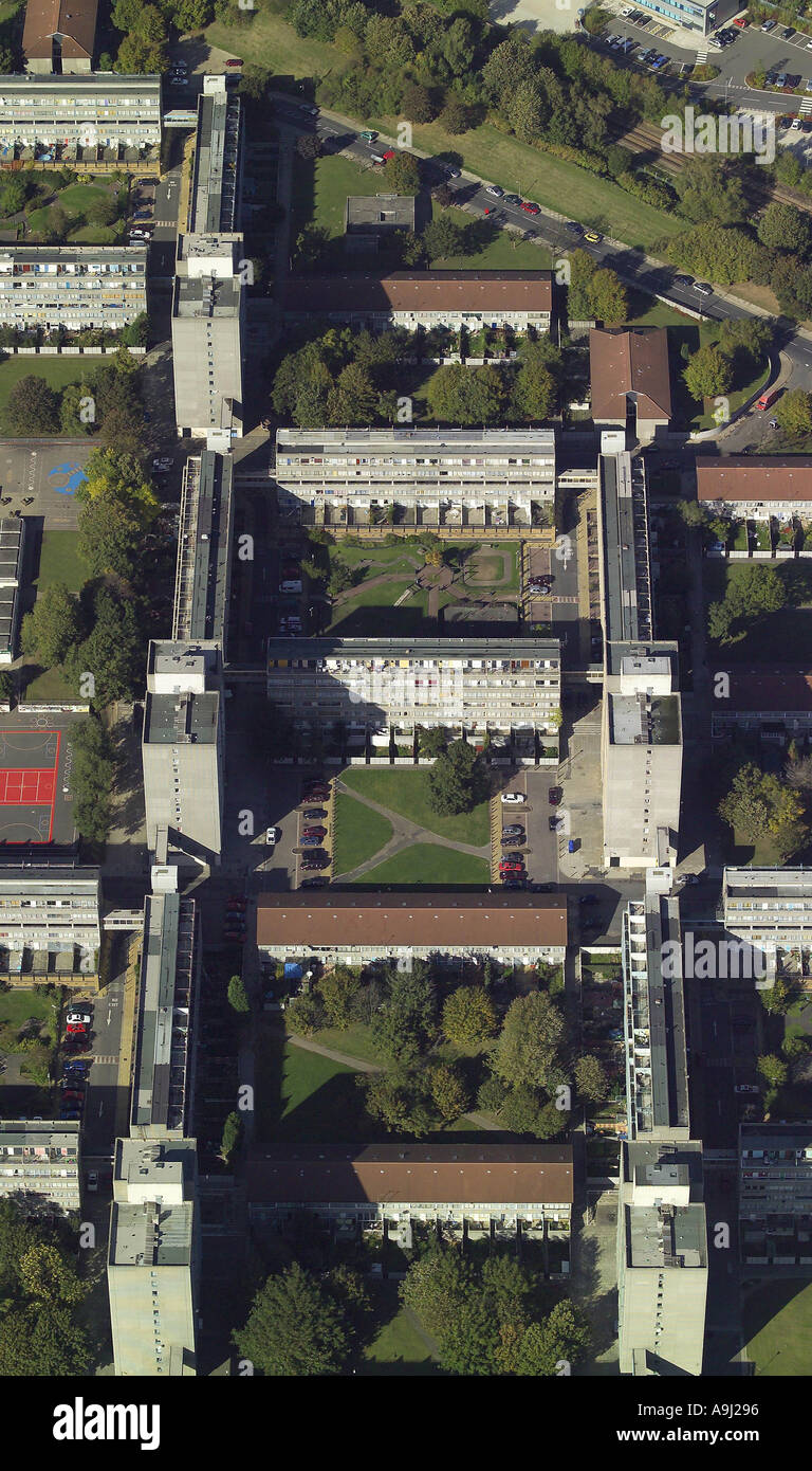 Aerial view of inner city housing estate featuring symmetrical blocks ...