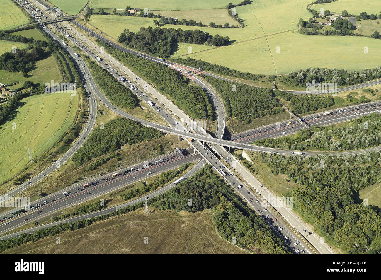 Aerial view of of traffic congestion at a Motorway Junction Stock Photo ...
