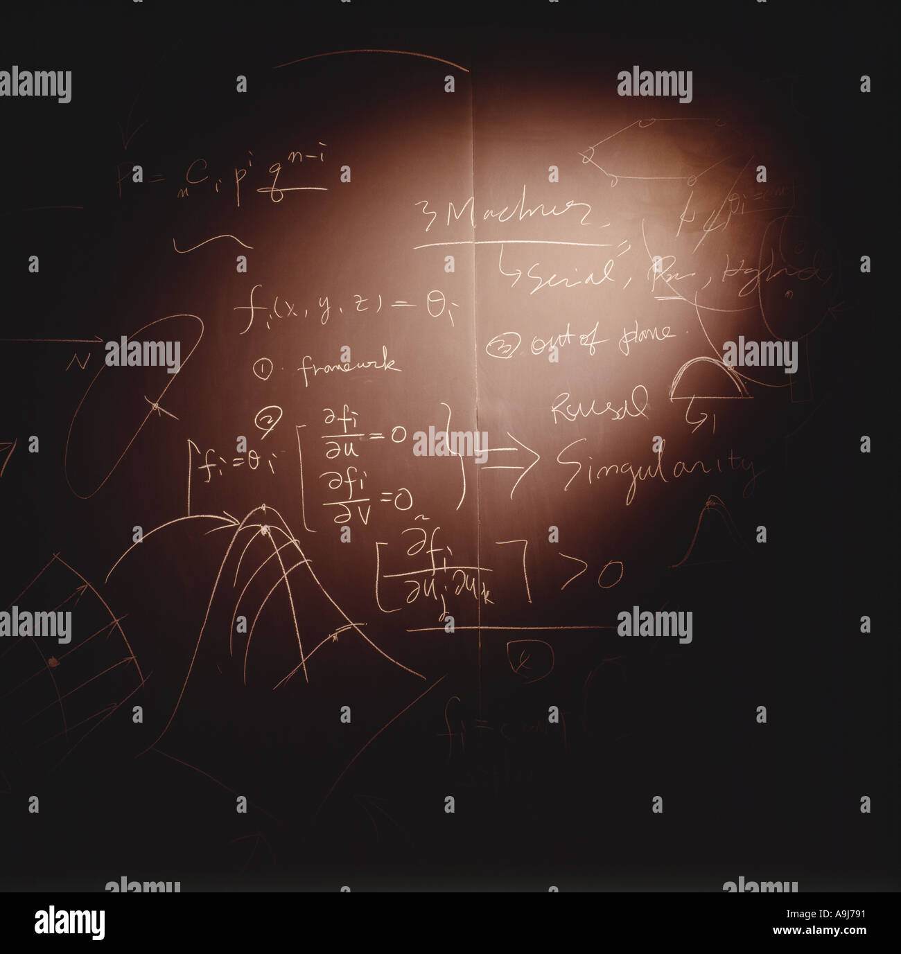 Mathematical and scientific equations written on a blackboard Stock ...