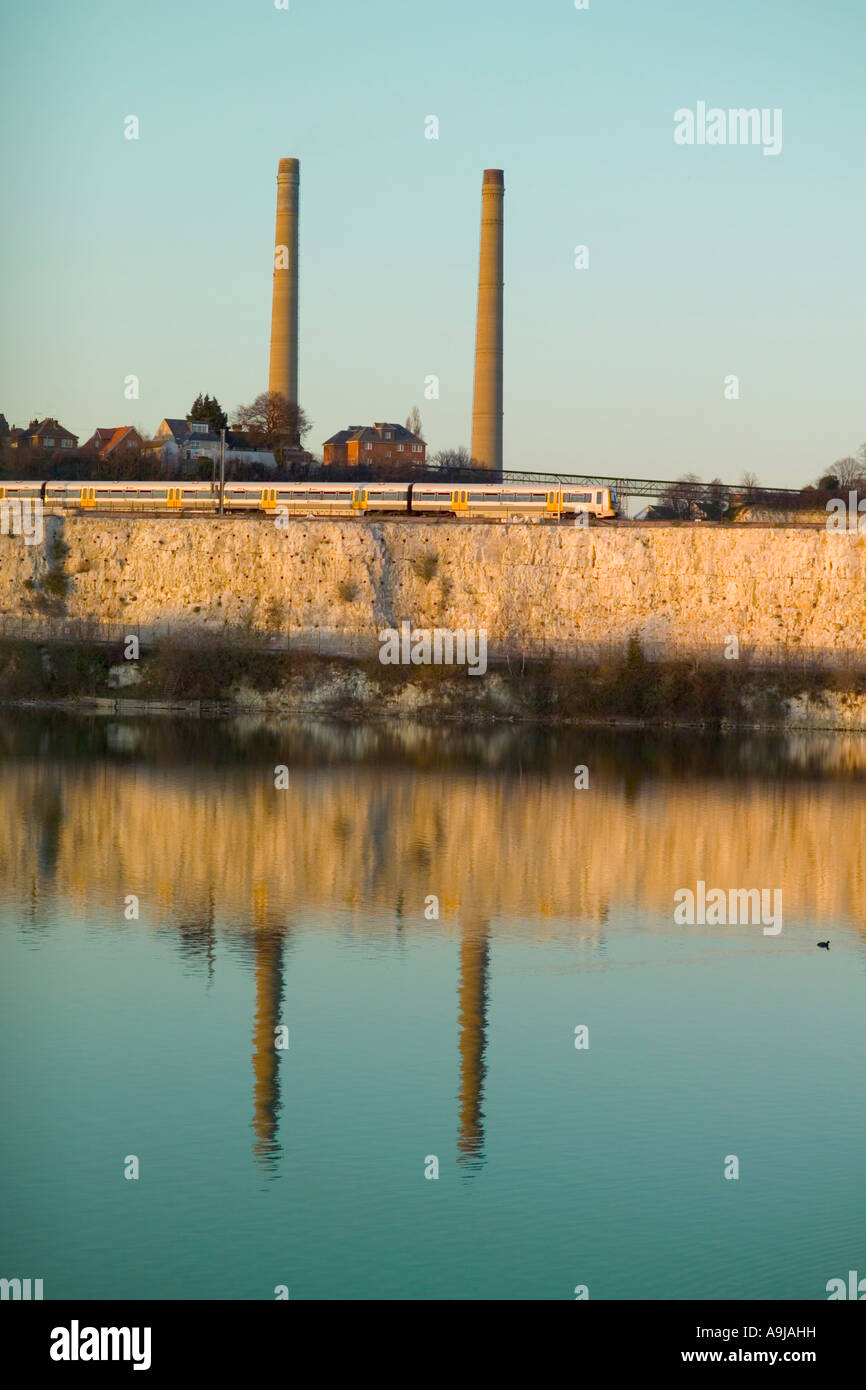 Northfleet cement work chimney taken across flodded chalk pit. the ...