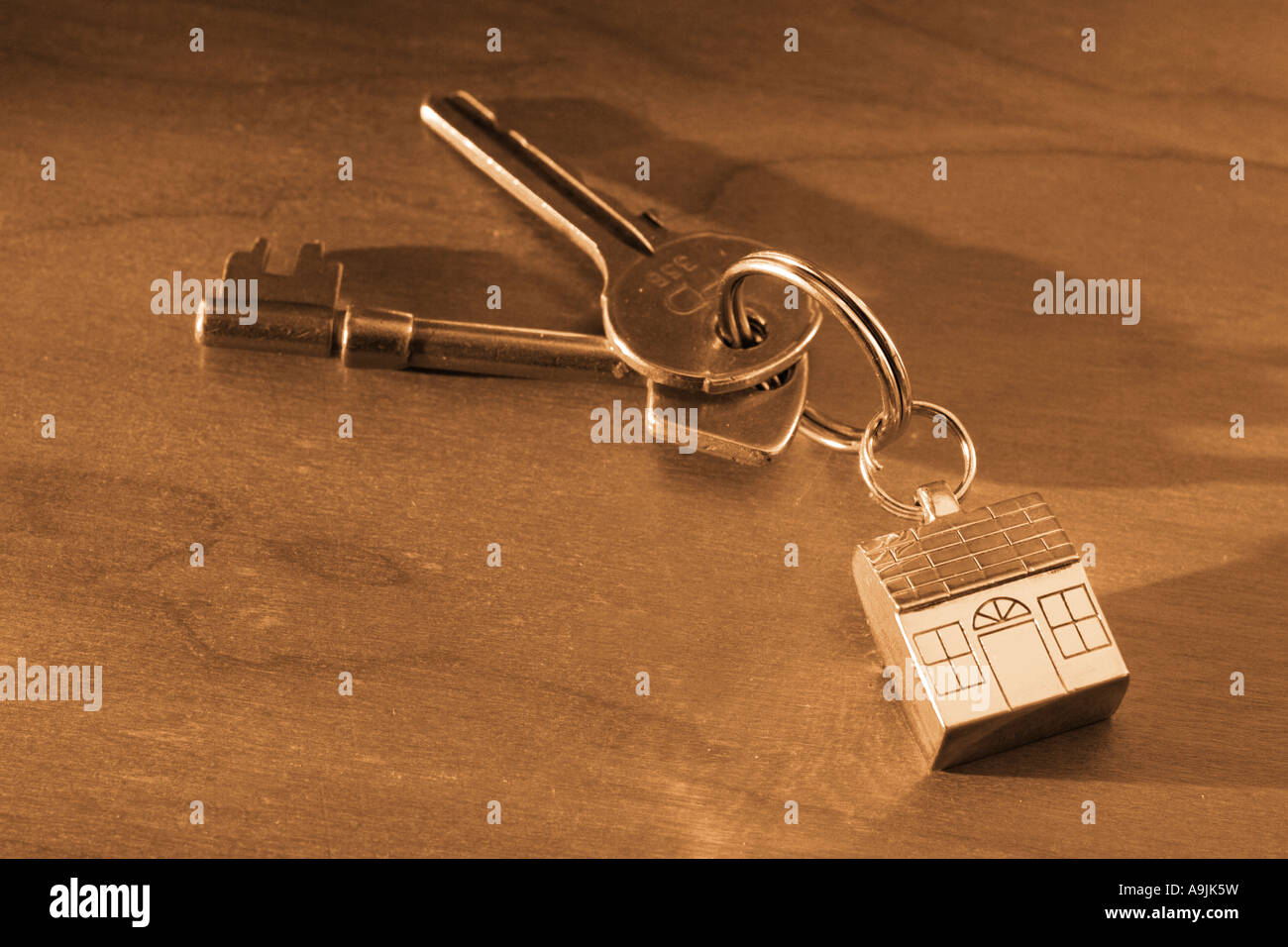 House keys on key shaped keyring Stock Photo - Alamy