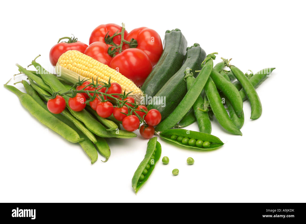 Collection of summer vegetables runner beans tomato cherry tomatoes ...