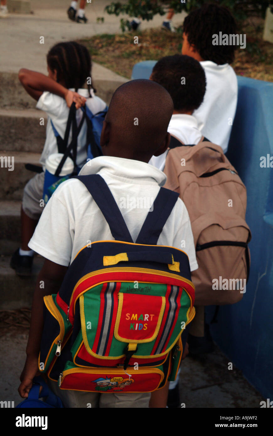 Rear view of a schoolboy wearing a backpack Stock Photo - Alamy