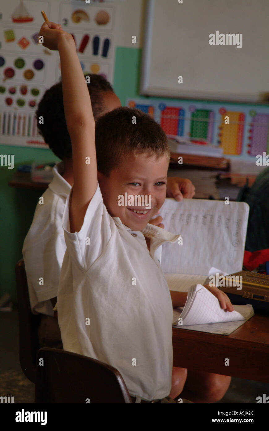 Little boy with raised hand inside the classroom Stock Photo - Alamy
