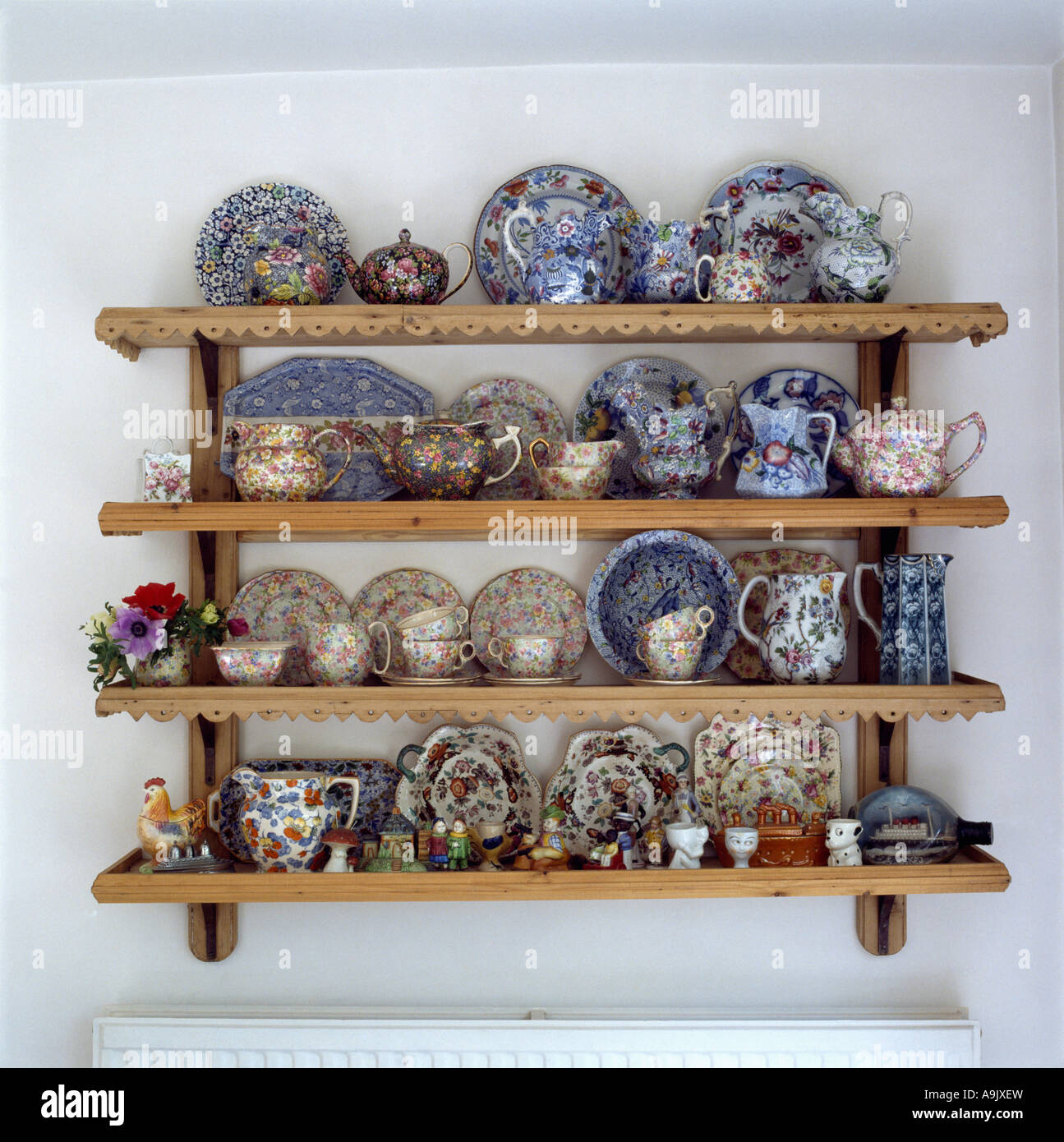 Close-up of collection of blue and white china with Carlton ware on ...
