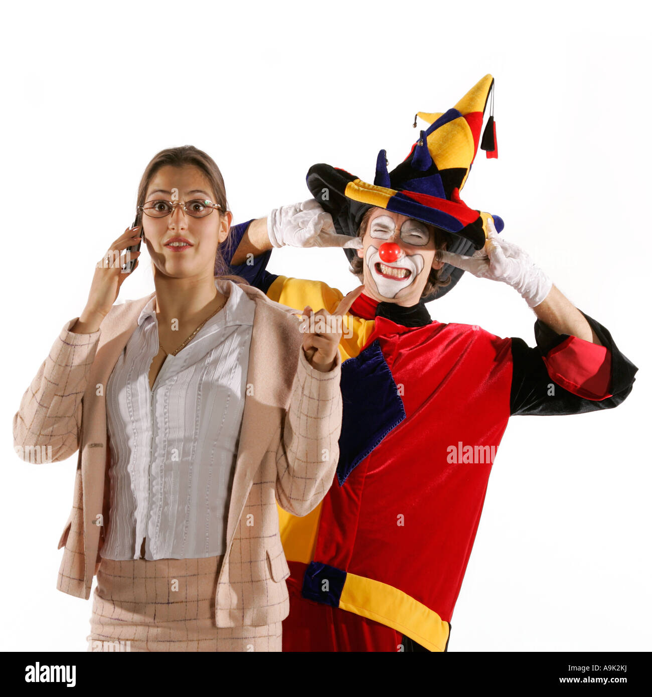 Young woman in business suit outfit casual actor mime comedian man fun ...