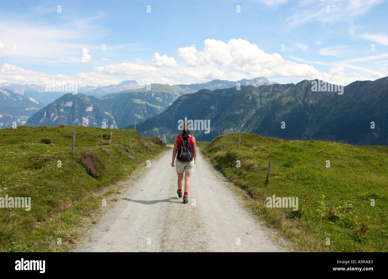 female wanderer in the mountains of swiss canton graubuenden Stock ...