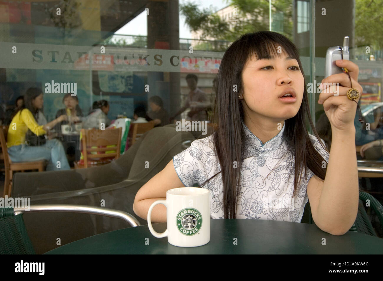 PORTRAIT MODEL RELEASED YOUNG MIDDLE CLASS CHINESE WOMAN USING MOBILE ...