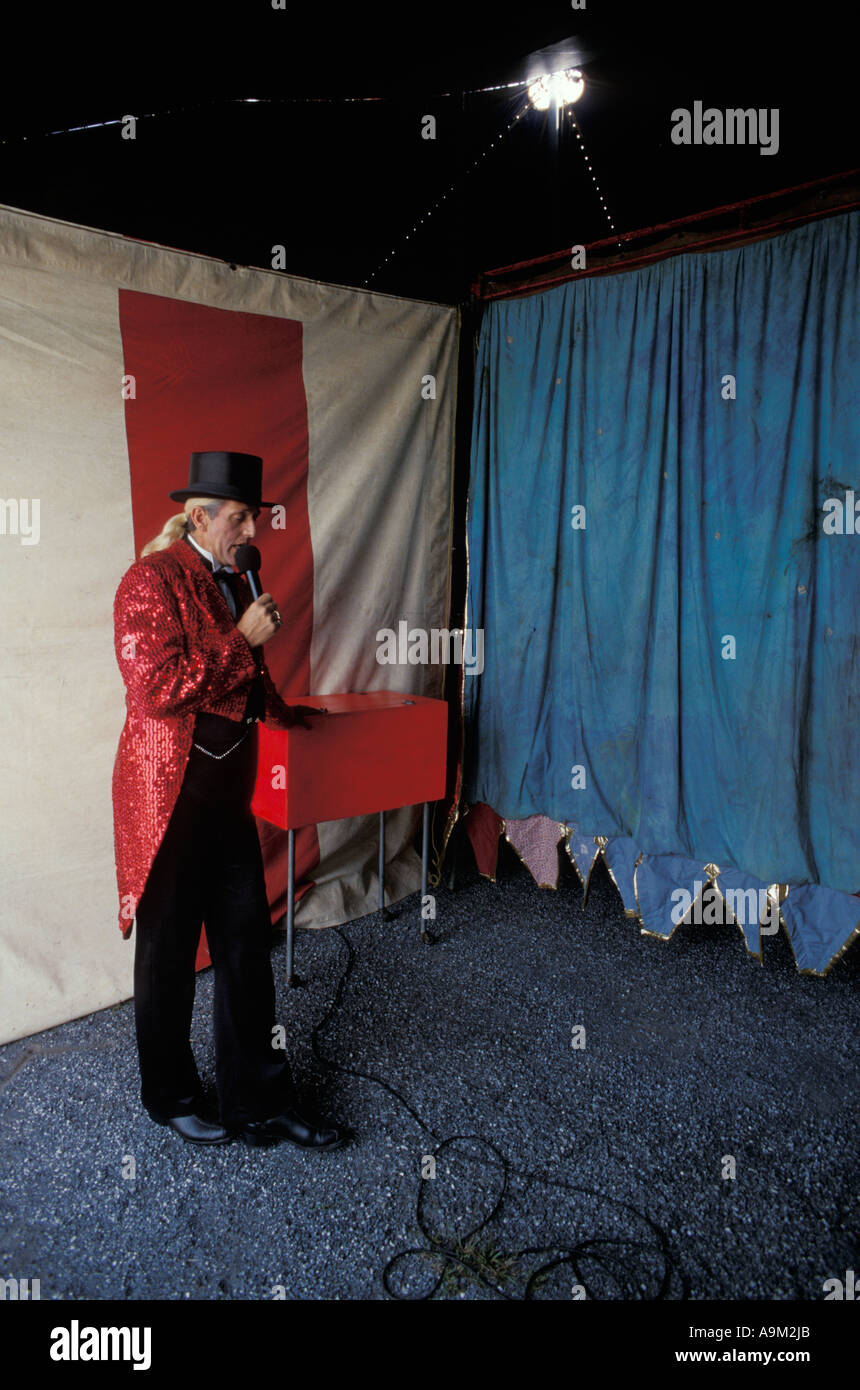 Walker Bros. Brothers Circus Ringmaster makes announcments prior to ...
