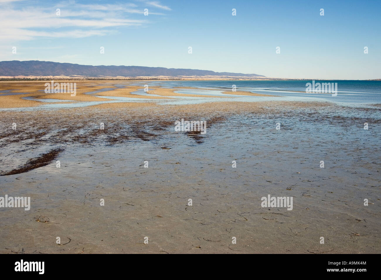 the seashore or beach where the shallow water is coming over the sand ...