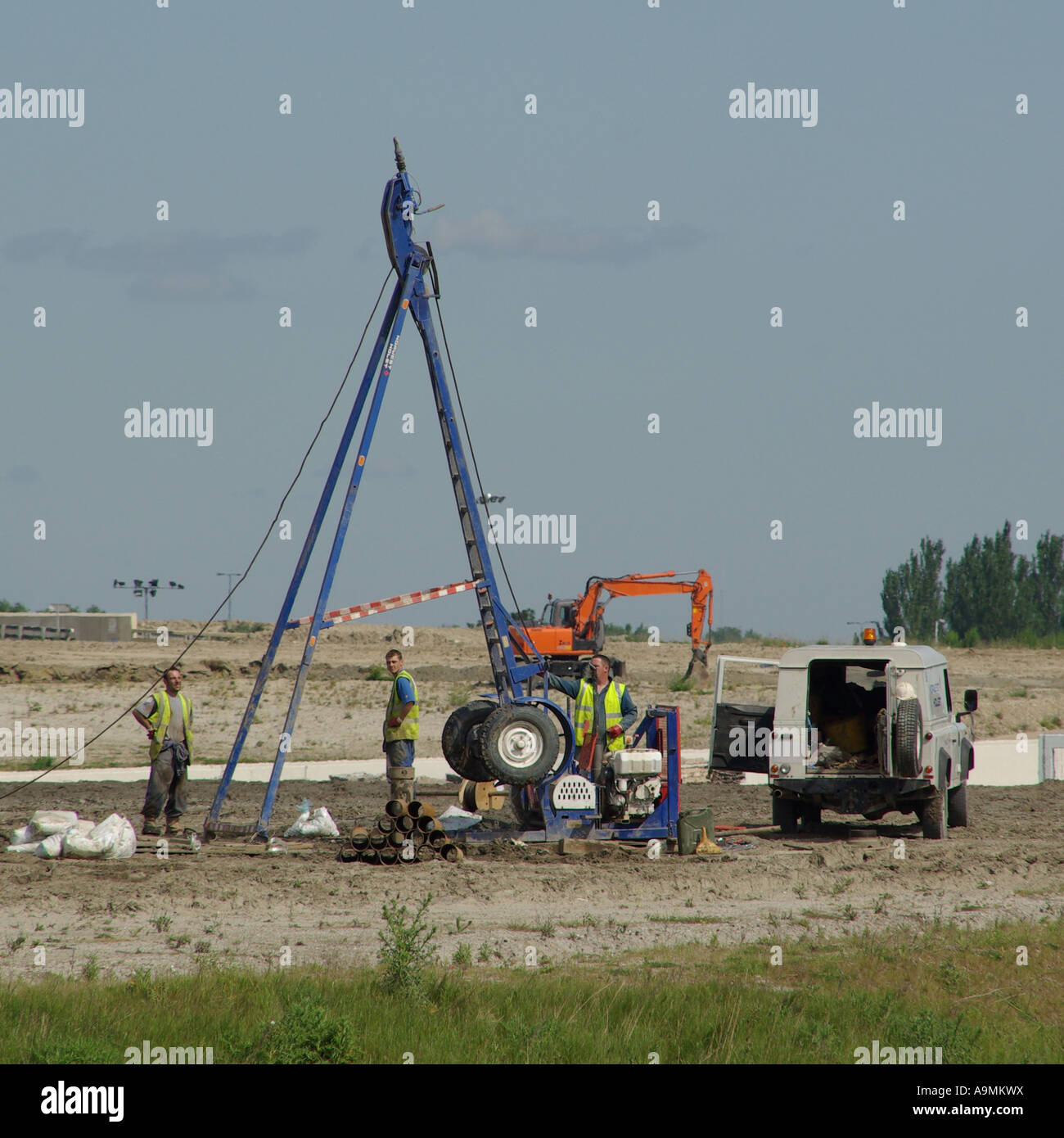 East London Stratford bore hole drilling rig crew & support vehicle on ...