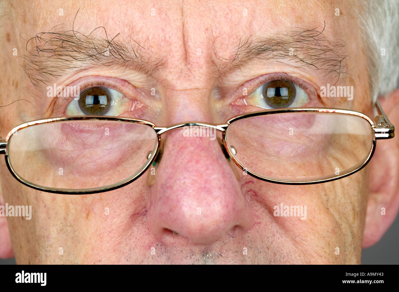 elderly man horizontal close up peering over glasses Stock Photo - Alamy