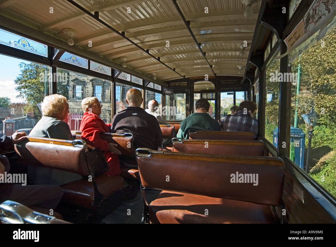 Interior of a vintage tram, at the Crich Tramway Village, near Matlock ...