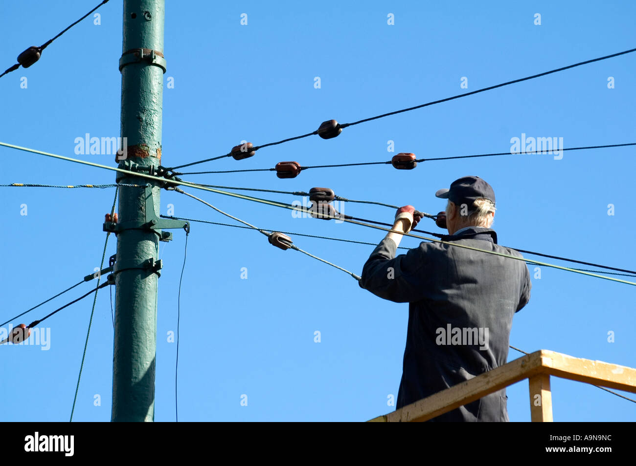 Carrying out maintenance on the overhead wires, at the Crich Tramway ...