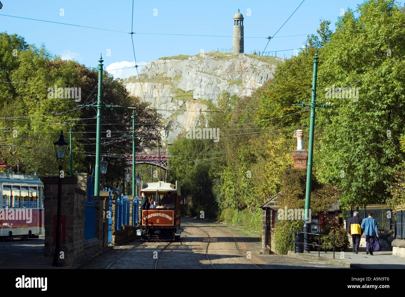 Crich Tramway Village, near Matlock, and Crich Stand memorial tower ...