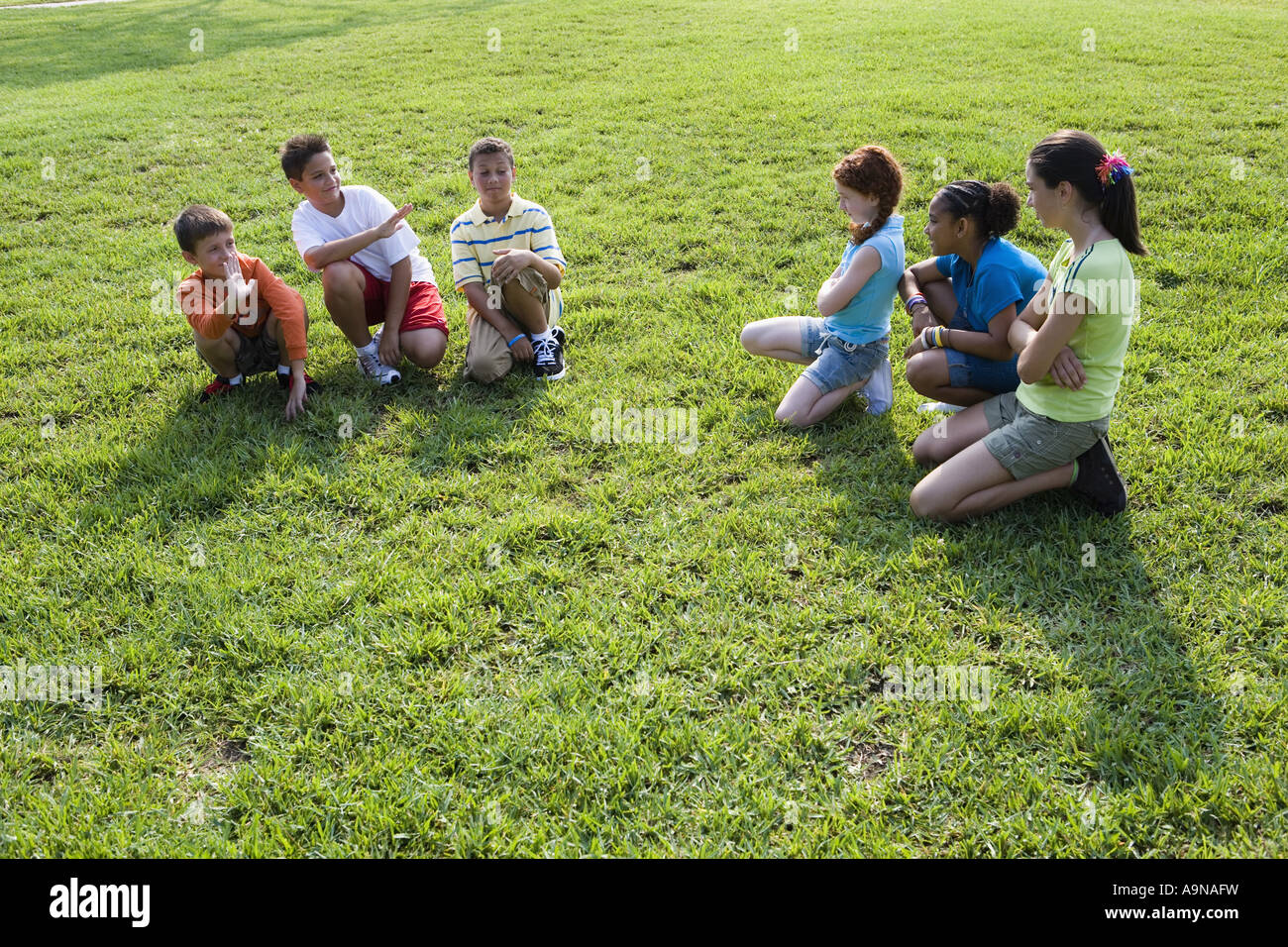 Three boys sitting opposite three girls on grass at a park Stock Photo ...