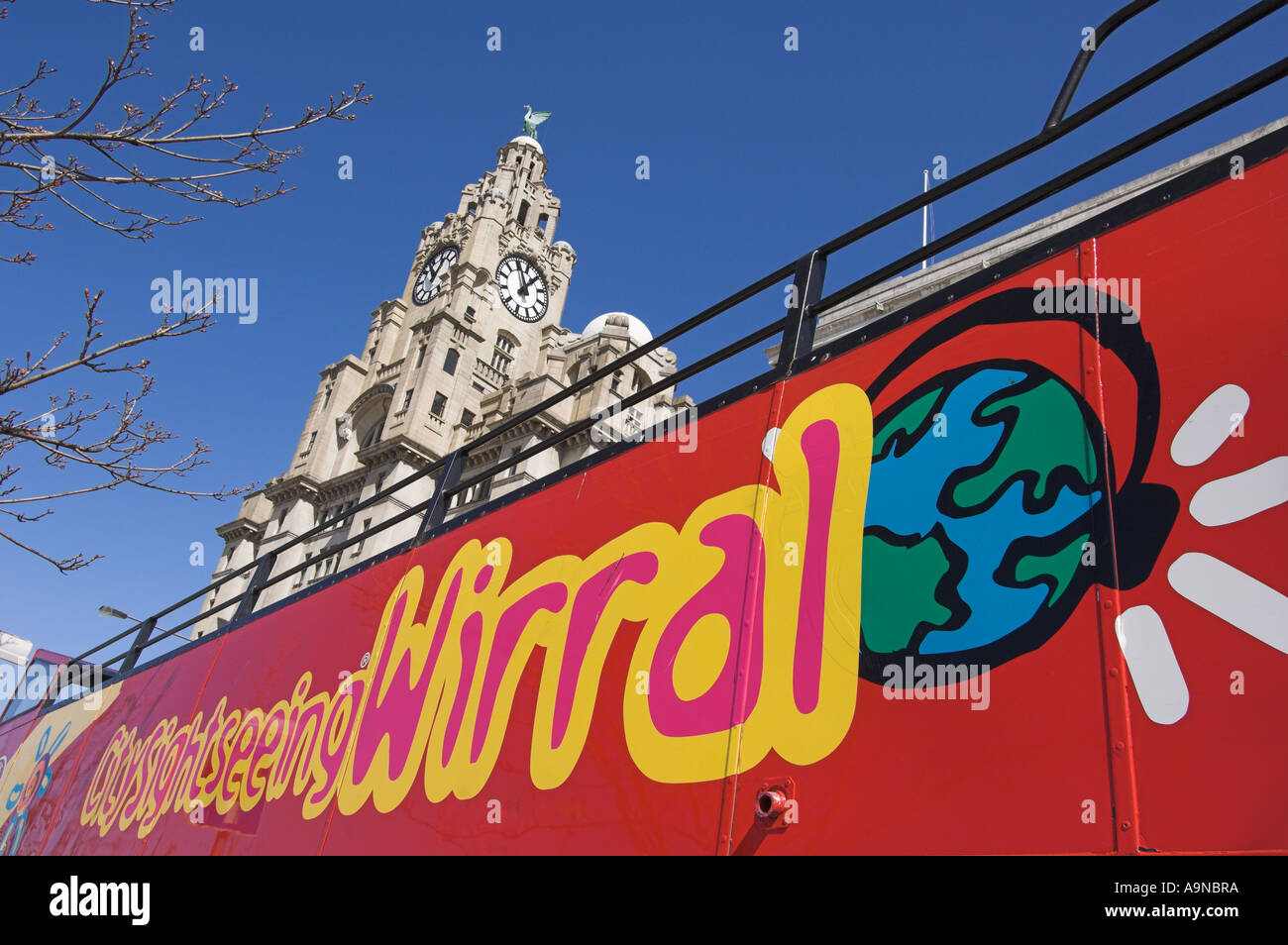 Wirral red city tour bus at the Liver building near Albert dock ...