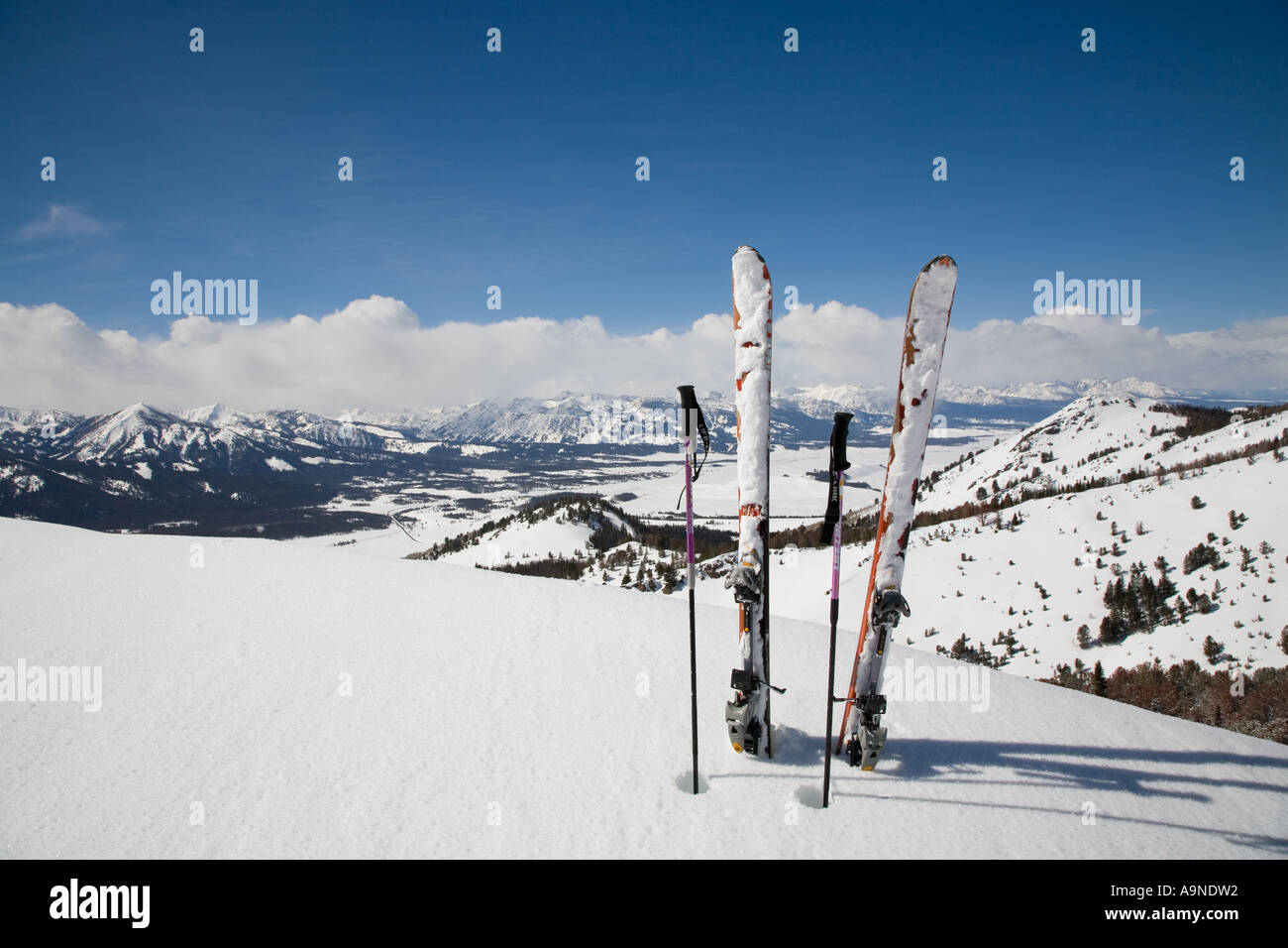 Back country skis and poles on top of Galena Summit with the Sawtooth ...