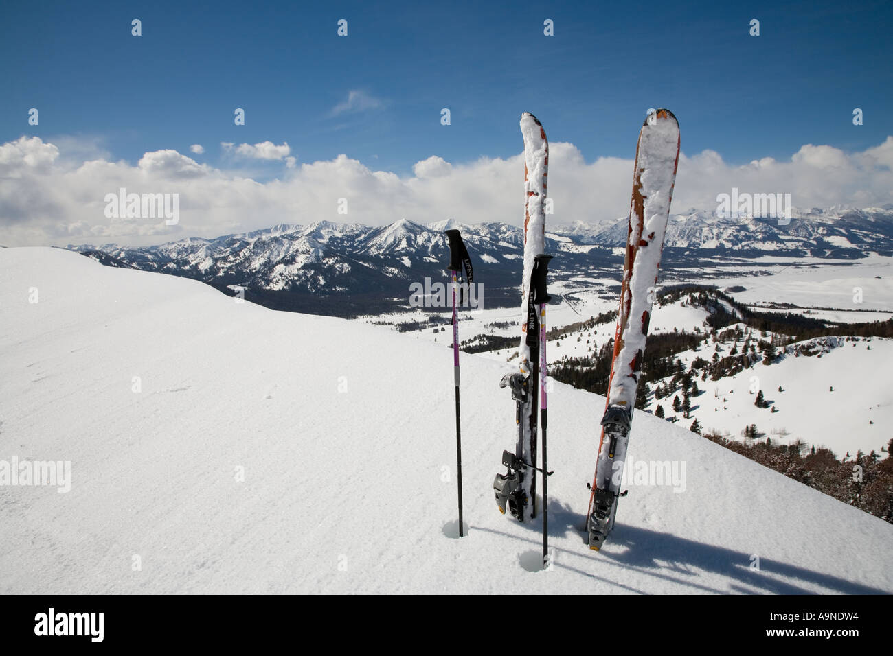 Back country skis and poles on top of Galena Summit with the Sawtooth ...