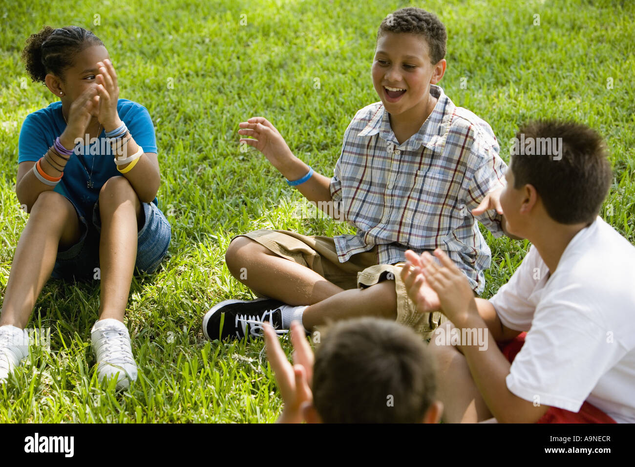 Boy telling stories to his friends while sitting on the grass at a park ...