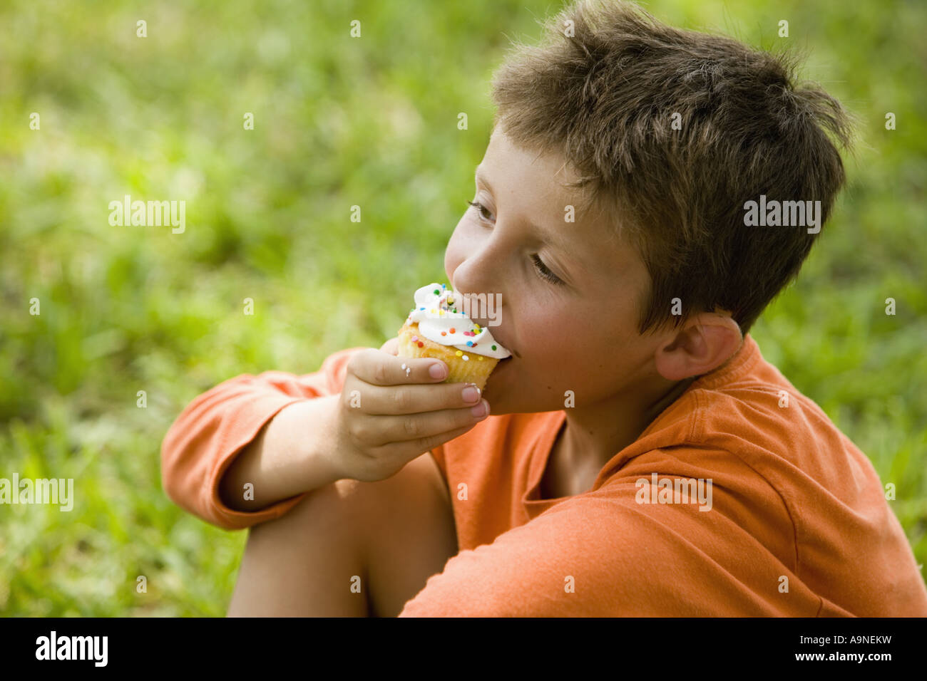 Boy eating a cupcake at a park Stock Photo - Alamy