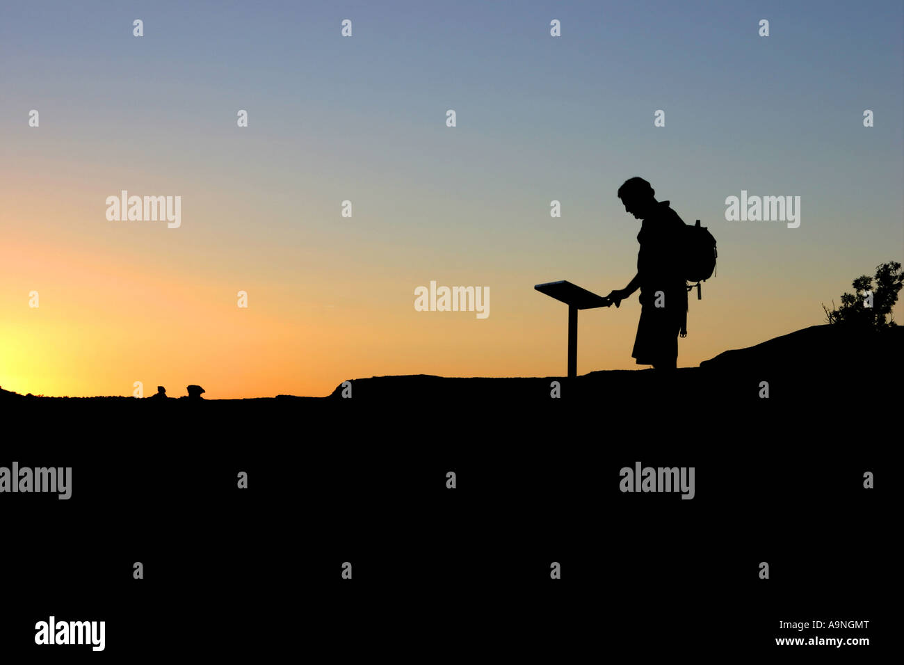 hiker reading interpretive sign, panorama point, capitol reef national ...