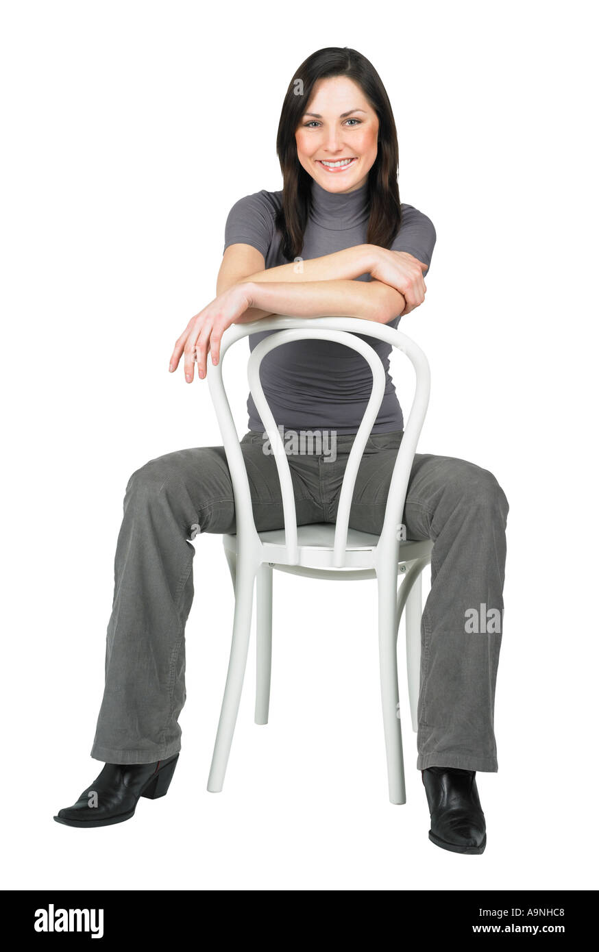 Friendly caucasian woman sitting Cut Out Stock Images & Pictures - Alamy