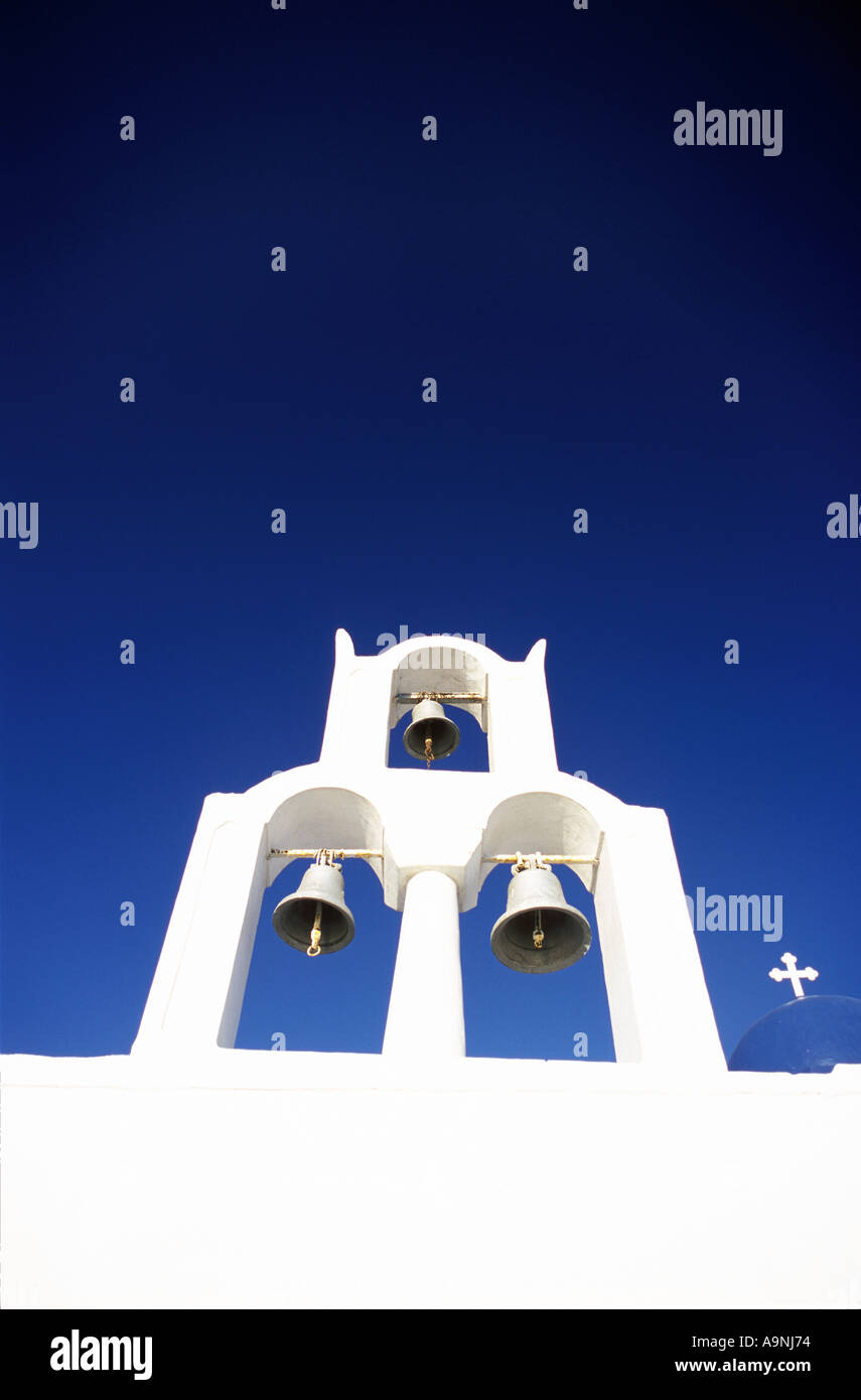 Greek Orthodox Church Bells in Santorini against blue clear sky with ...
