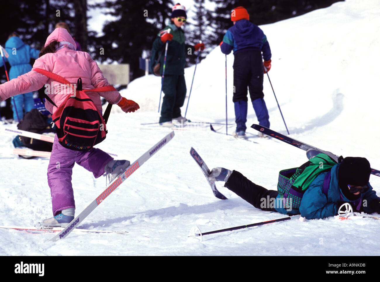 Children cross country skiing and falling down at Mount Hood Meadows OR ...