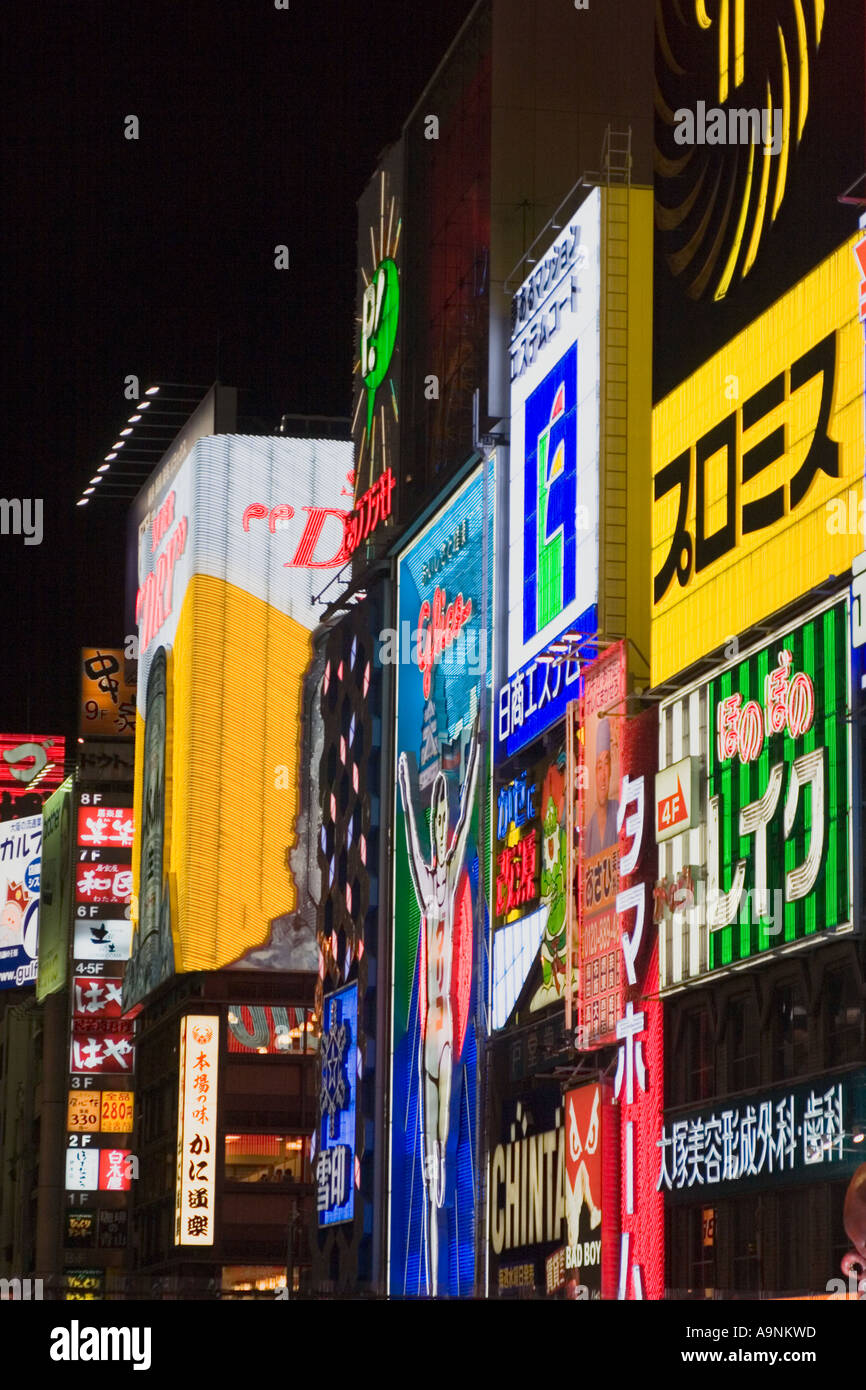 Brightly lit signs light up the Dotonbori canal district in Namba at ...