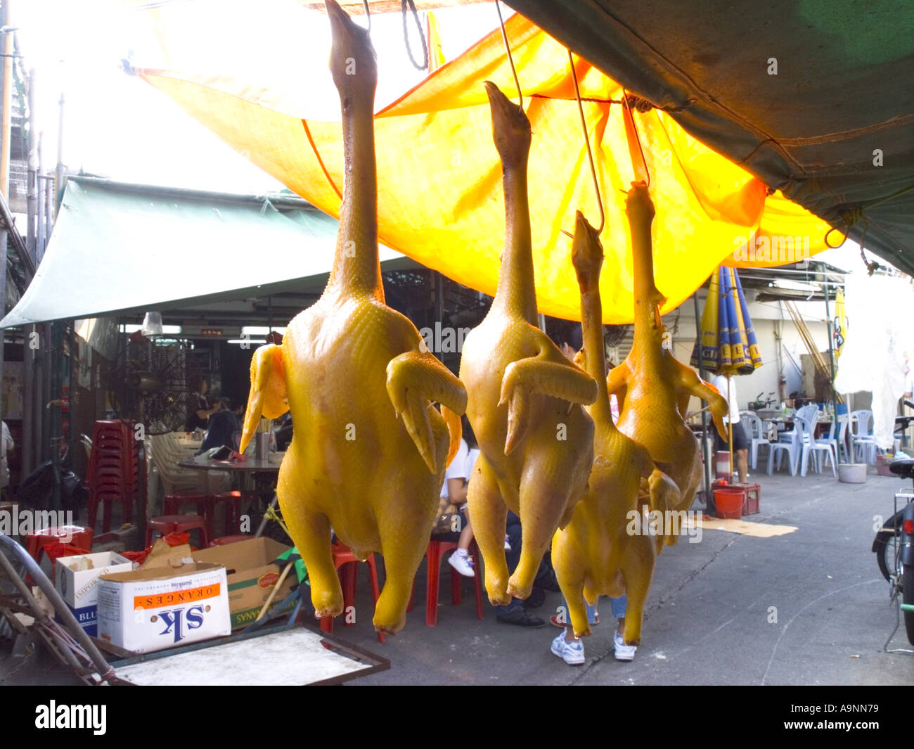 Cooked chicken hanged in market Cheung chau Hong Kong china Stock Photo ...