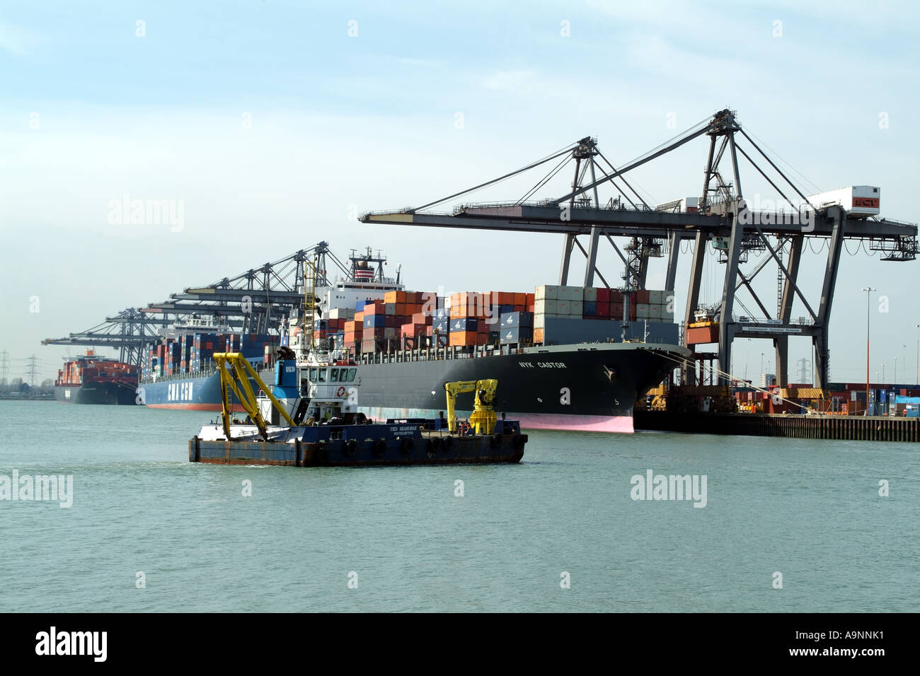 Container ships docked on quayside Port of Southampton southern England ...